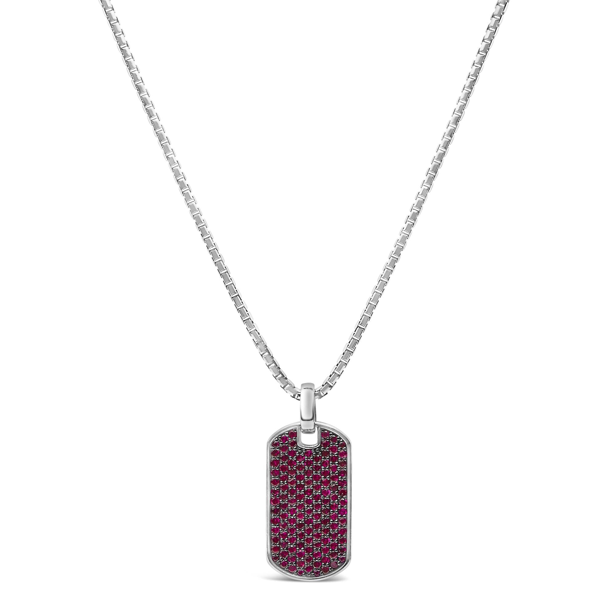 Men's .925 Sterling Silver Created Red Ruby Dog Tag Pendant Necklace ...