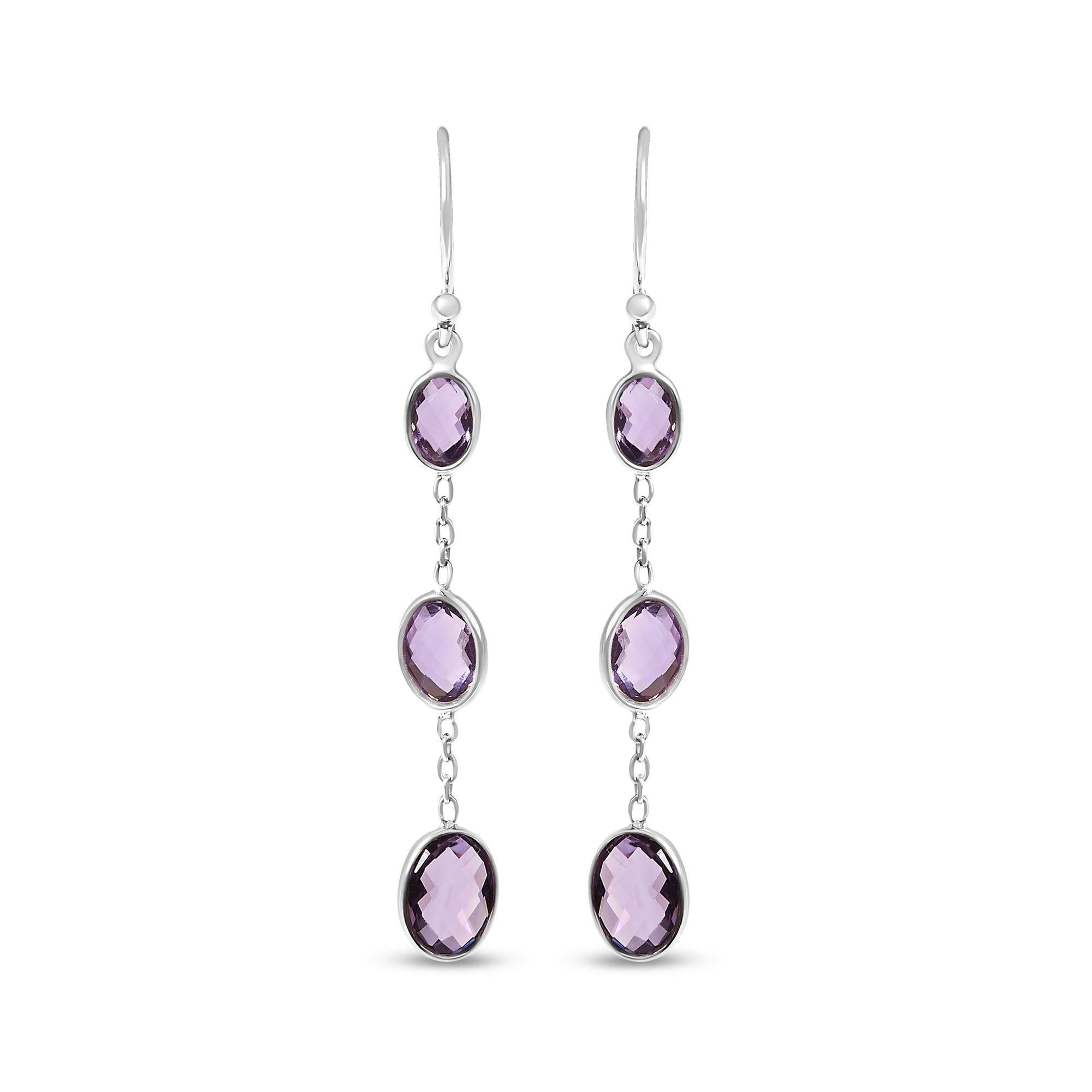 .925 Sterling Silver Checkerboard Cut Oval Purple Amethyst 2" Inch Dro ...